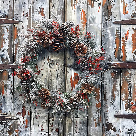 Zoom in on a Winter Solstice Wreath on a Rustic Door Stock Illustration ...