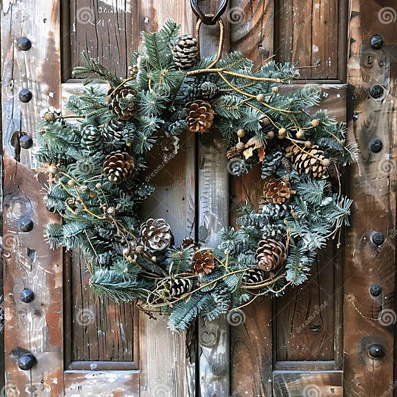 Zoom in on a Winter Solstice Wreath on a Rustic Door Stock Illustration ...