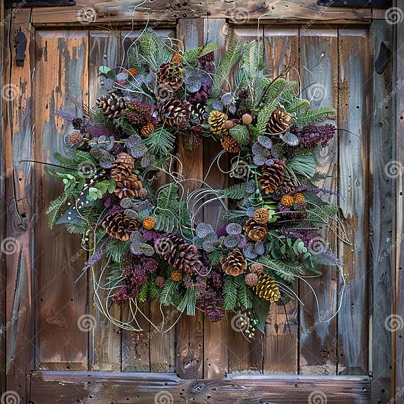Zoom in on a Winter Solstice Wreath on a Rustic Door Stock Illustration ...