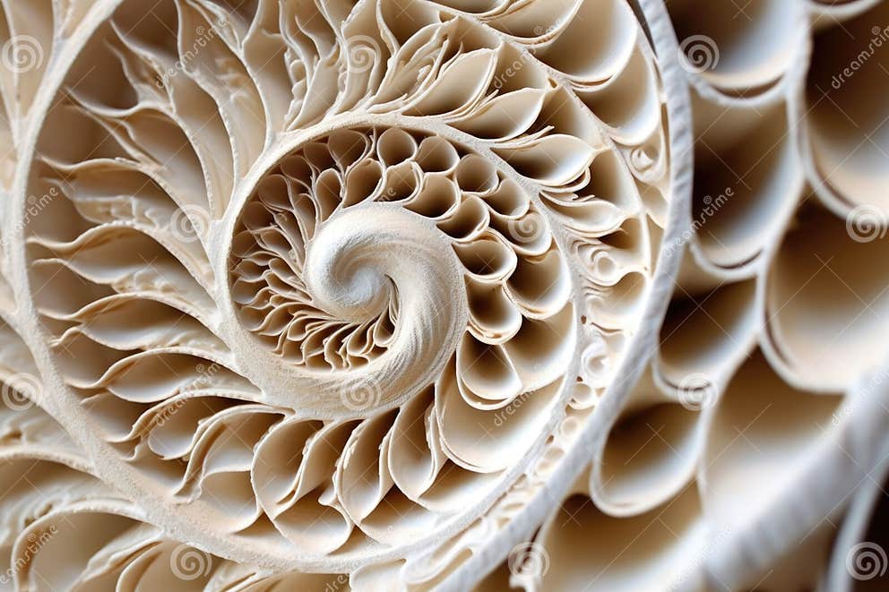 Zoomed-in View of a Spiraling Nautilus Shell Pattern Stock Image ...