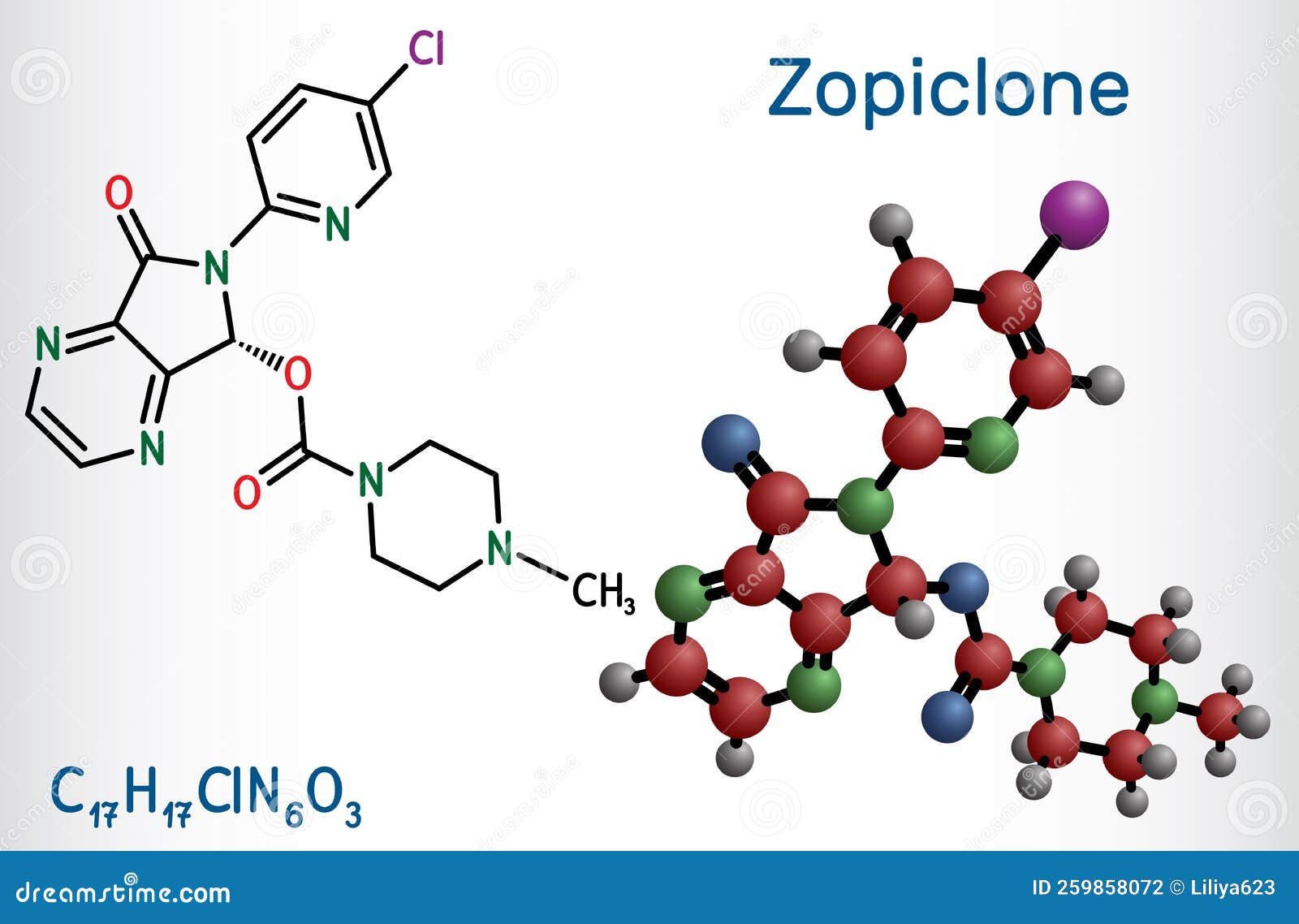 Zopiclone Molecule. Structural Chemical Formula and Molecule Model ...