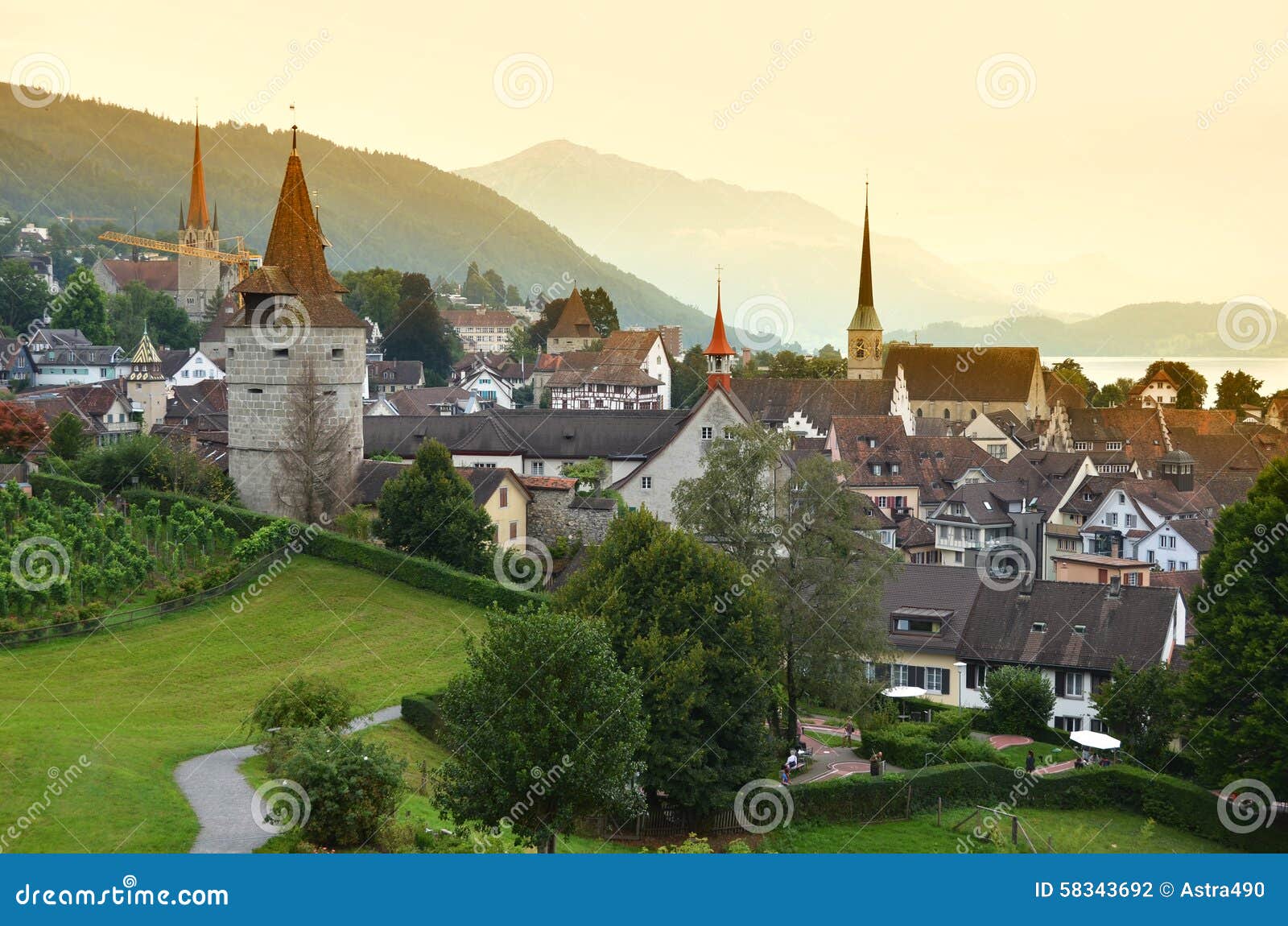 Zug, Switzerland stock photo. Image of roof, lake, mountains - 58343692