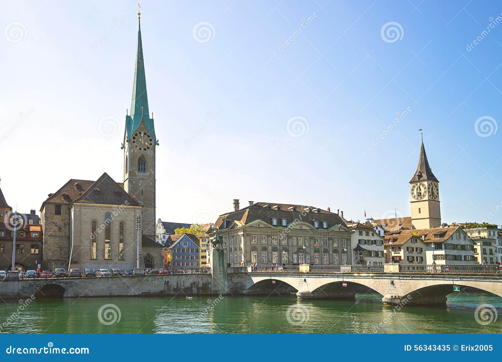 Zurich Centrumhorisont Och Limmat Kaj I Sommar Fotografering för ...