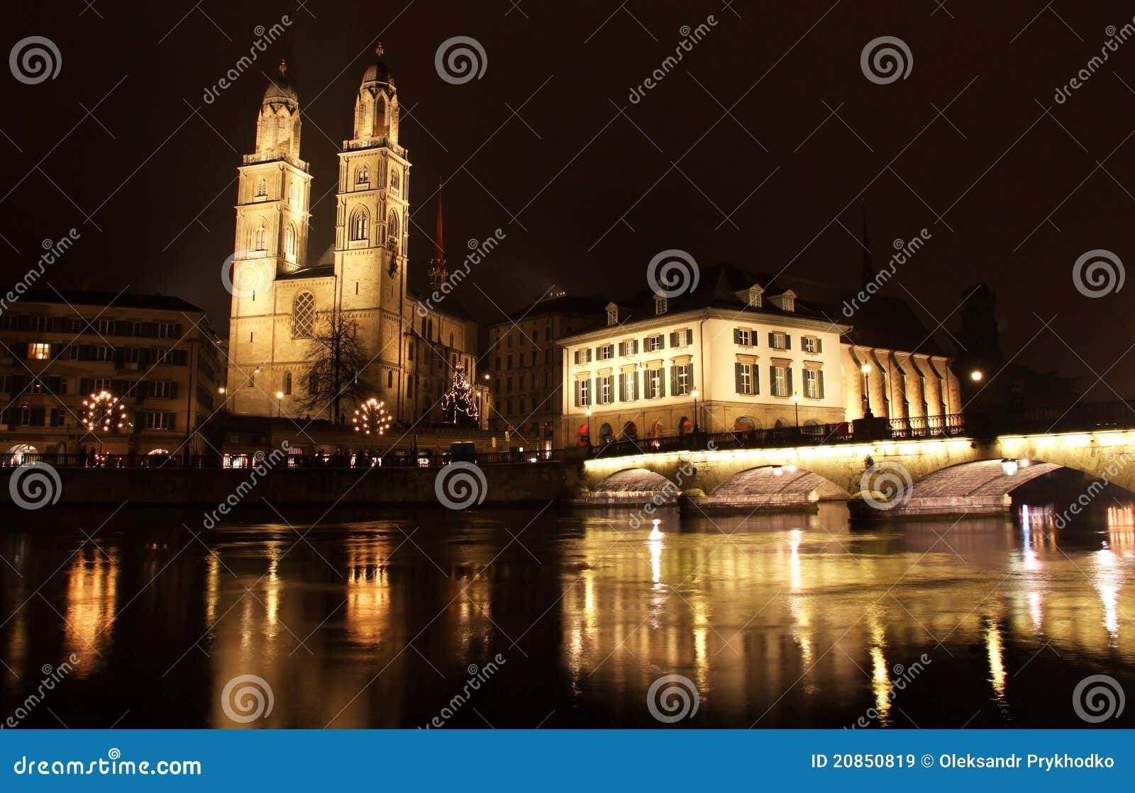 Zurich Downtown at Night, Switzerland Stock Image - Image of monastery ...