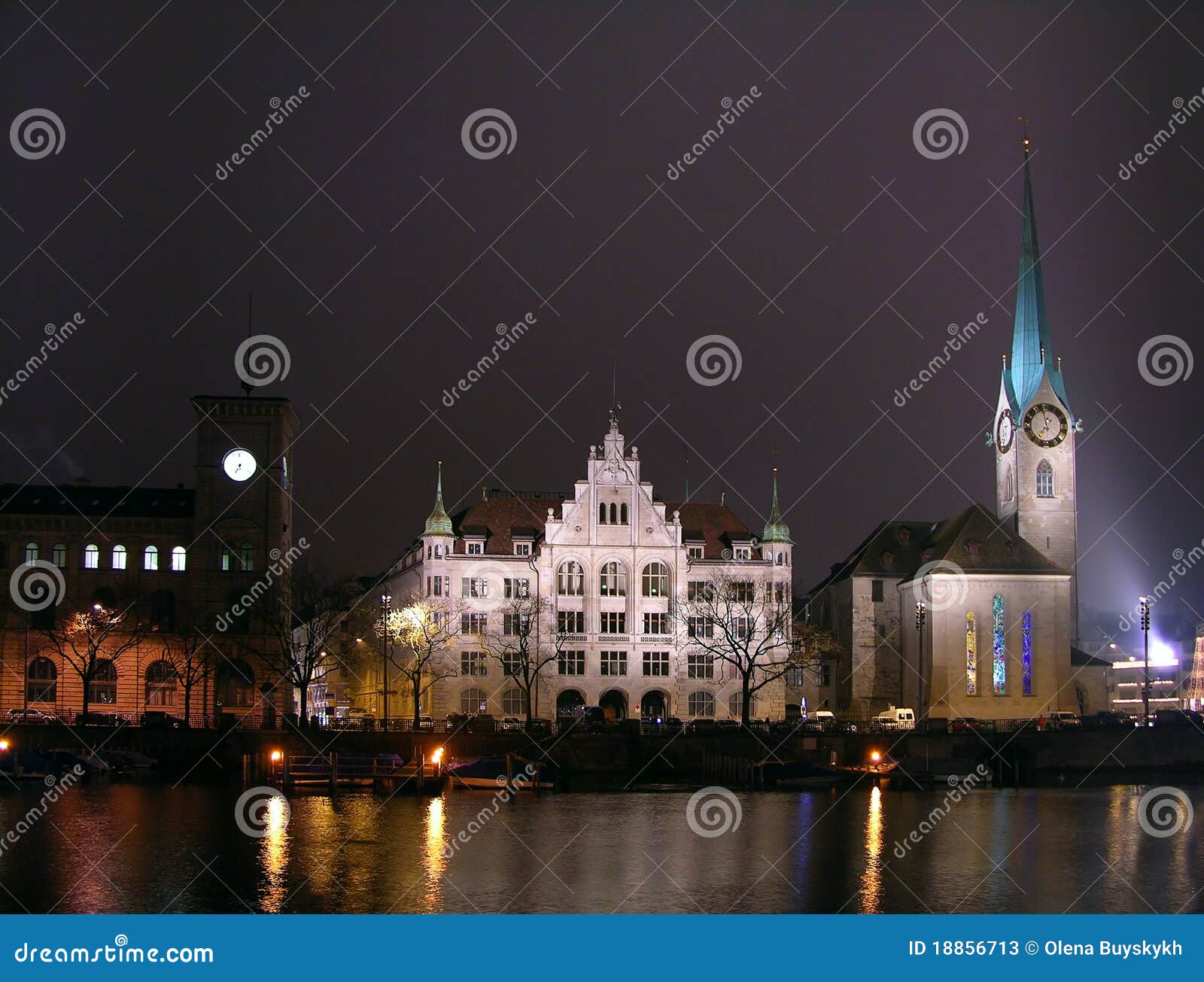 Zurich at night stock image. Image of tower, fraumunster - 18856713