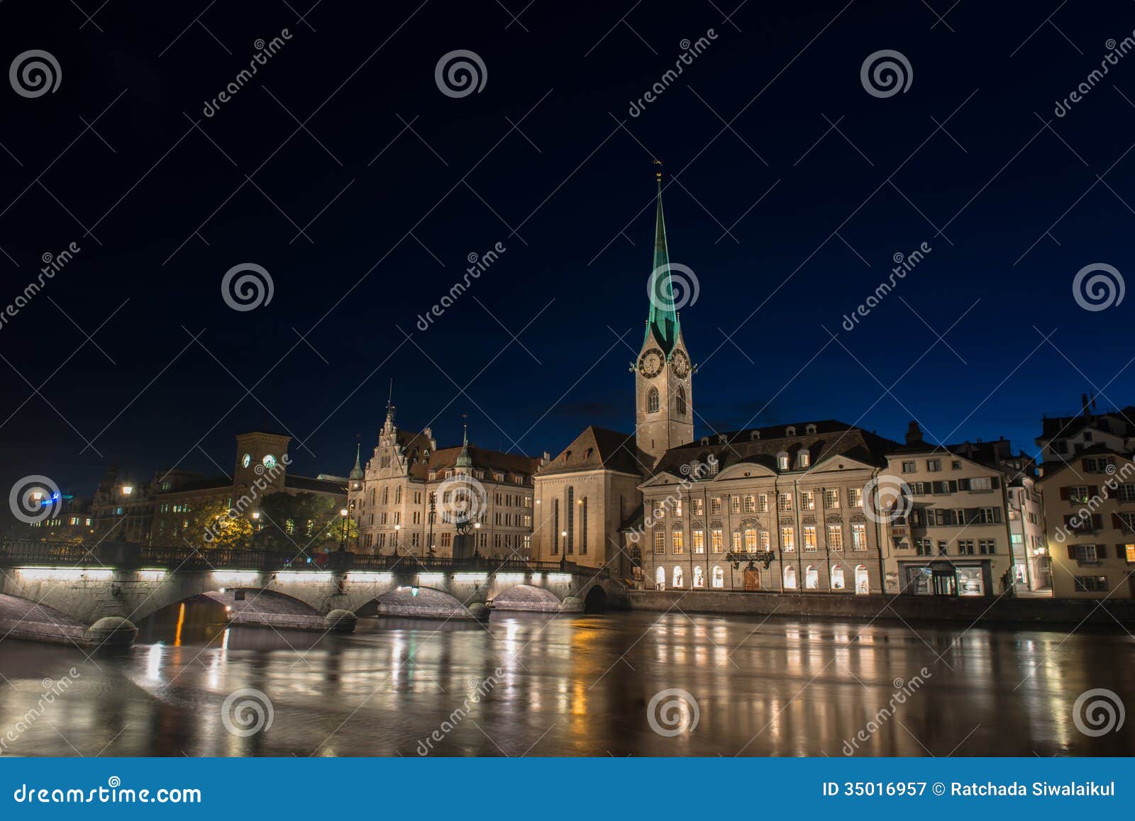 Zurich at night stock image. Image of cityscape, limmat - 35016957