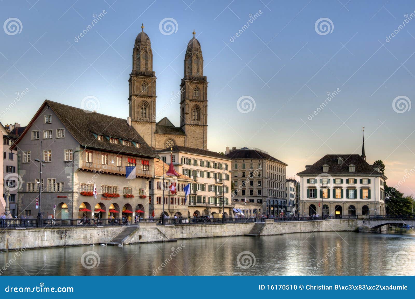 Zurich Sightseeing the Grossmunster at Sunset Stock Photo - Image of ...