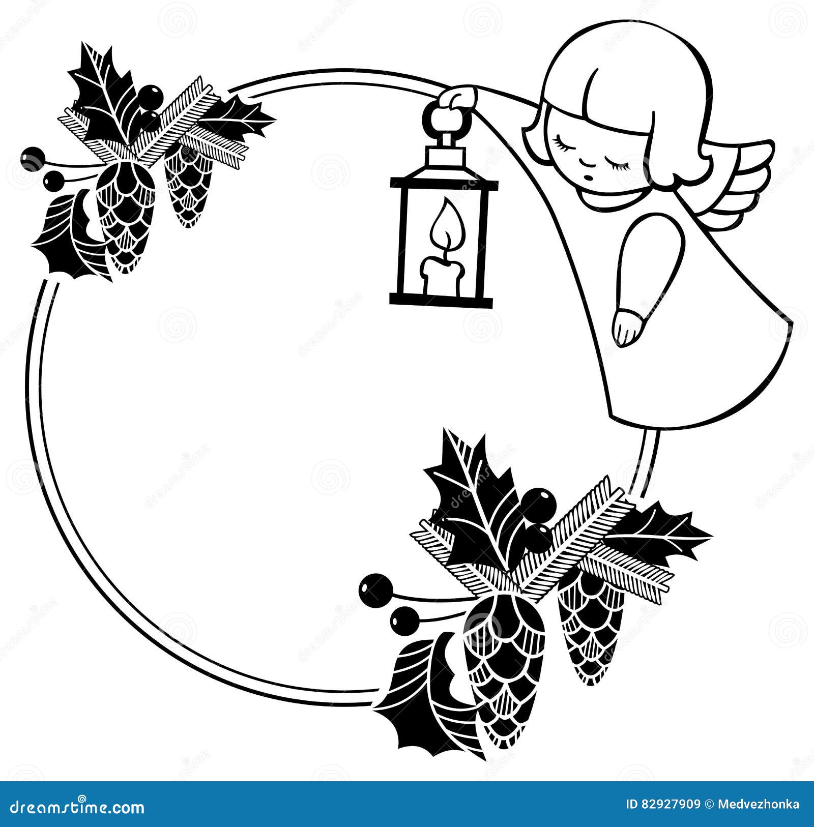 Zwart-wit Kerstmiskader Met Leuke Engel De Ruimte Van Het Exemplaar ...