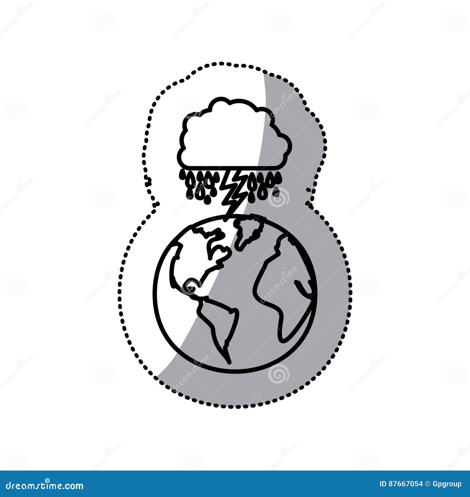 Zwart-wit Stickercontour Van Wolk Met Regen En Bliksem Over Aarde Stock ...