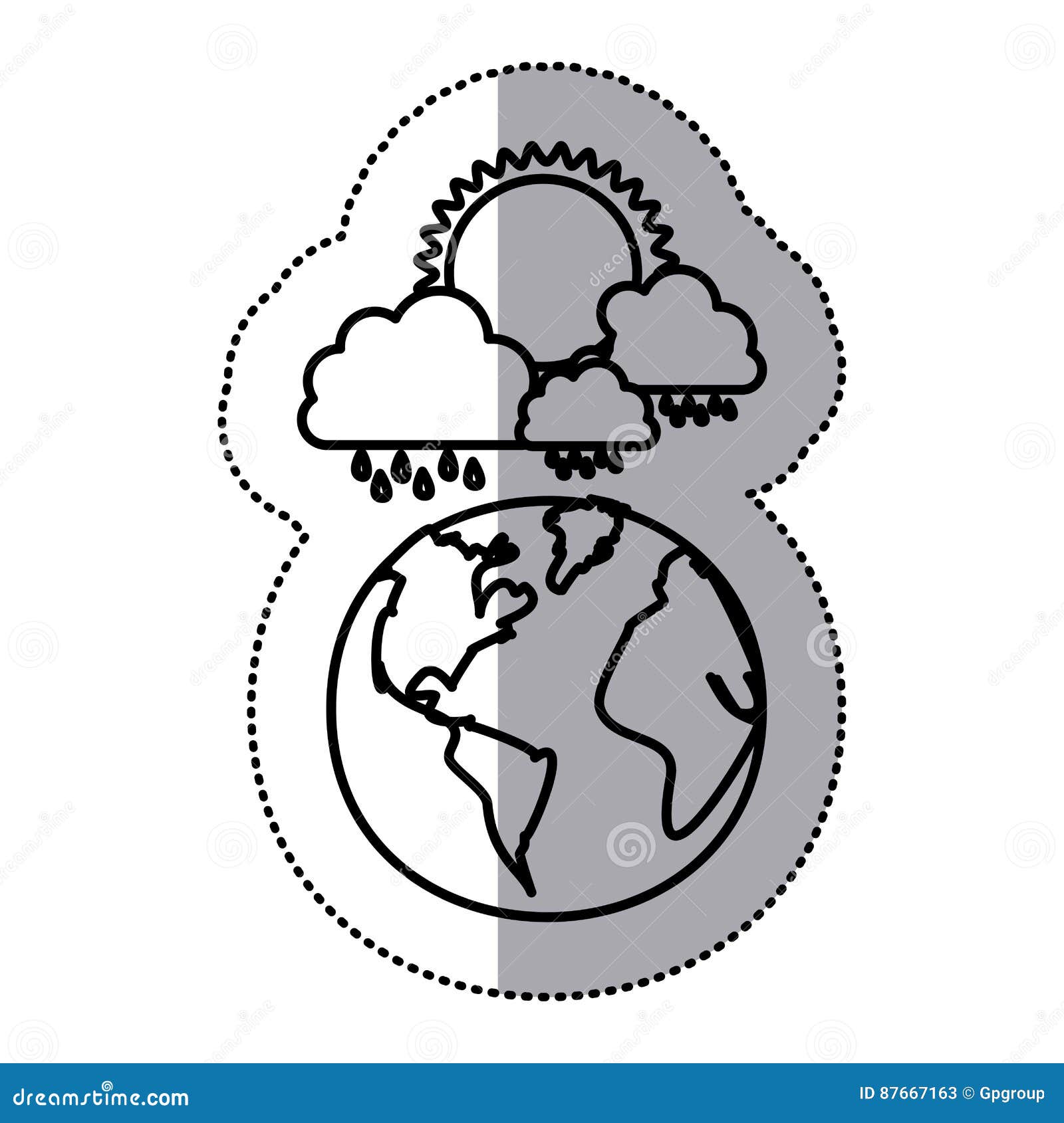Zwart-wit Stickercontour Van Wolk Met Regen En Zon Over Aarde Stock ...