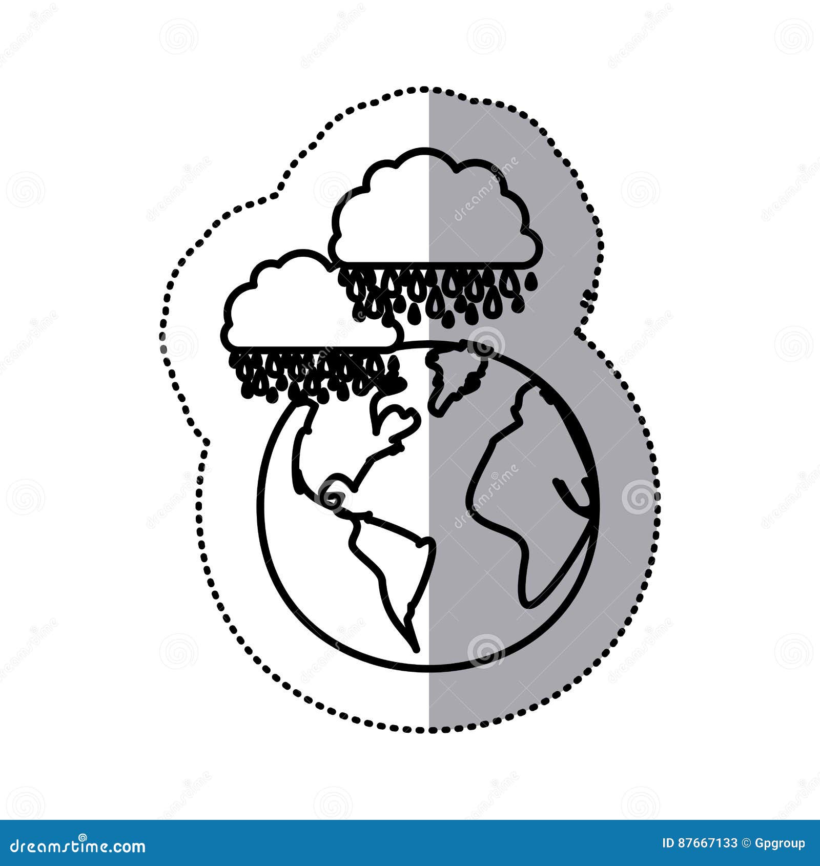 Zwart-wit Stickercontour Van Wolk Met Regen Over Aarde Stock ...