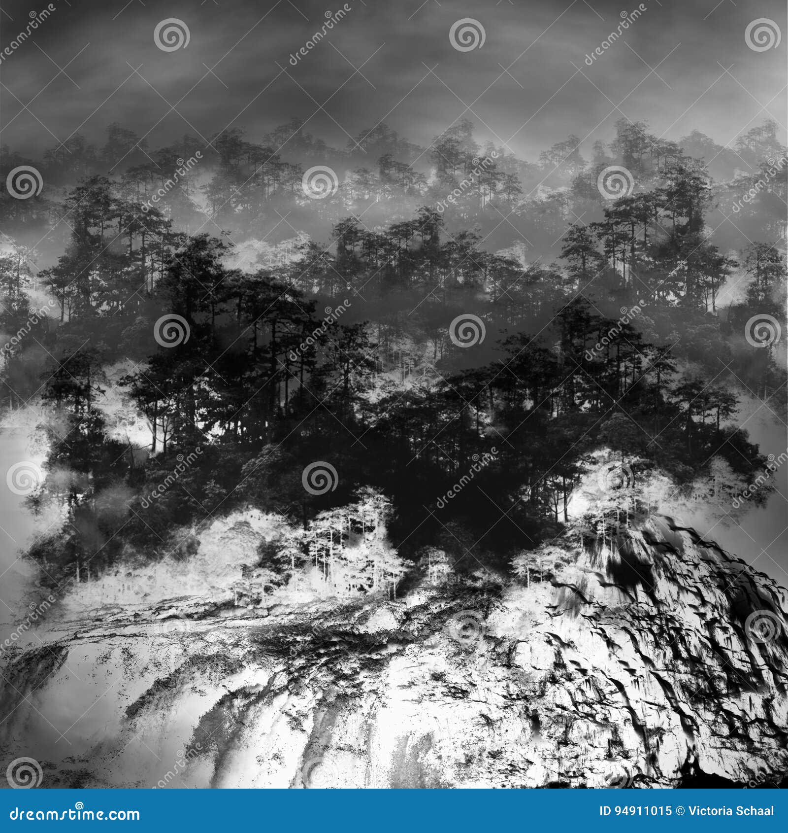 Zwart-witte Minimalistische Schets Van Bos En Waterval Stock Afbeelding ...