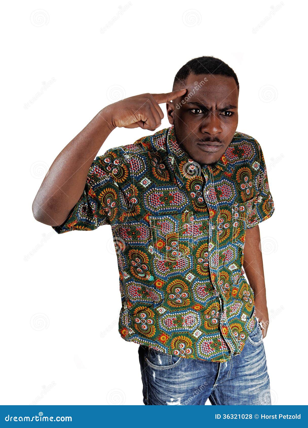 Zwarte Mens Met Vinger Op Hoofd. Stock Foto - Image of besnoeiing ...