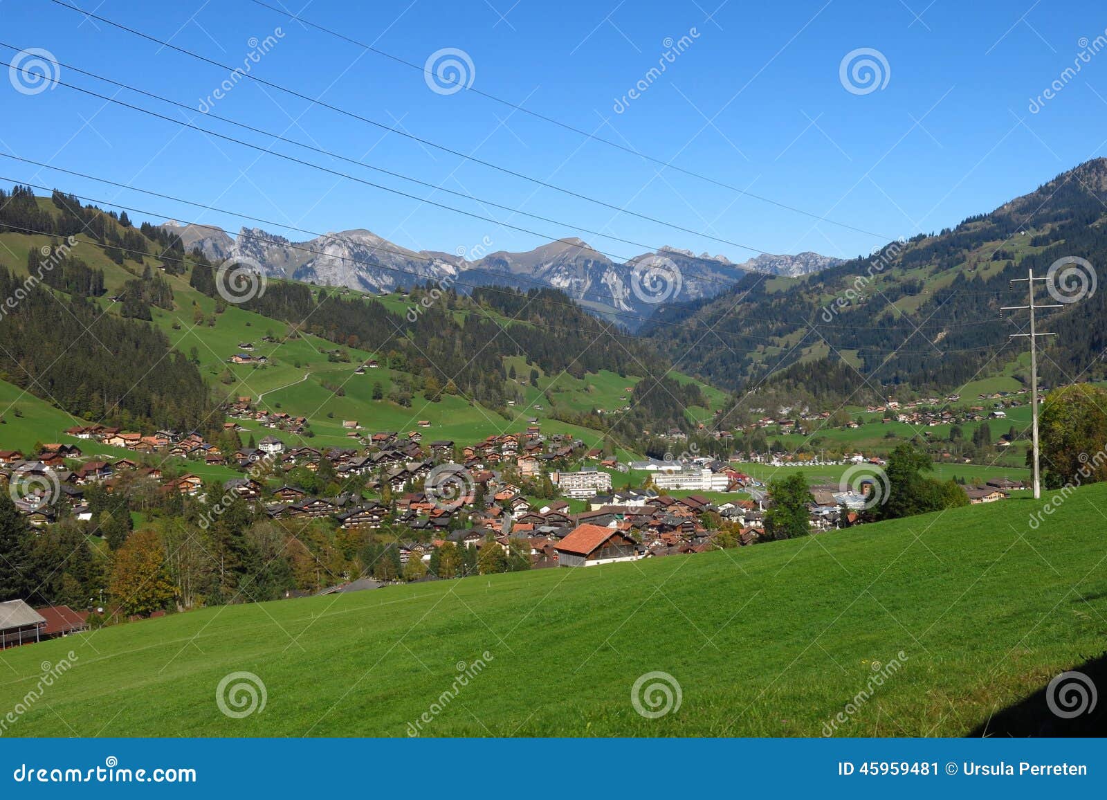 Zweisimmen stock image. Image of peaks, animals, houses - 45959481