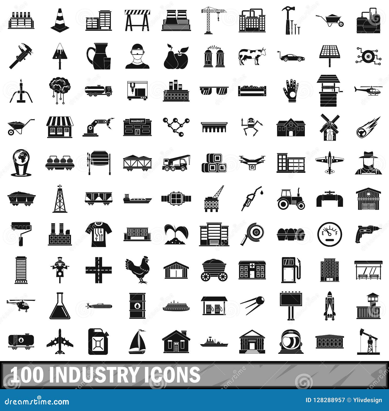 100 ícones Ajustados Estilo Simples Da Indústria Ilustração Stock
