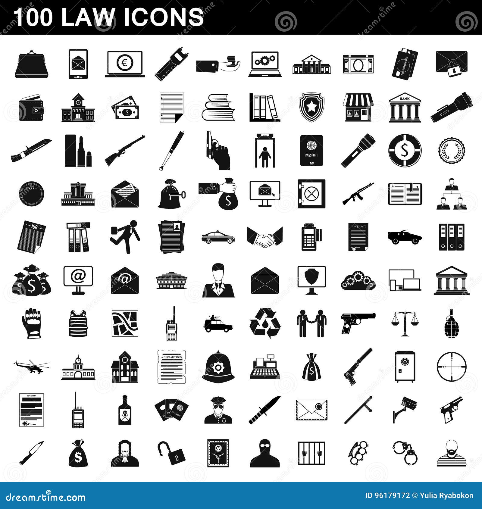 100 ícones Ajustados Estilo Simples Da Lei Ilustração Do Vetor