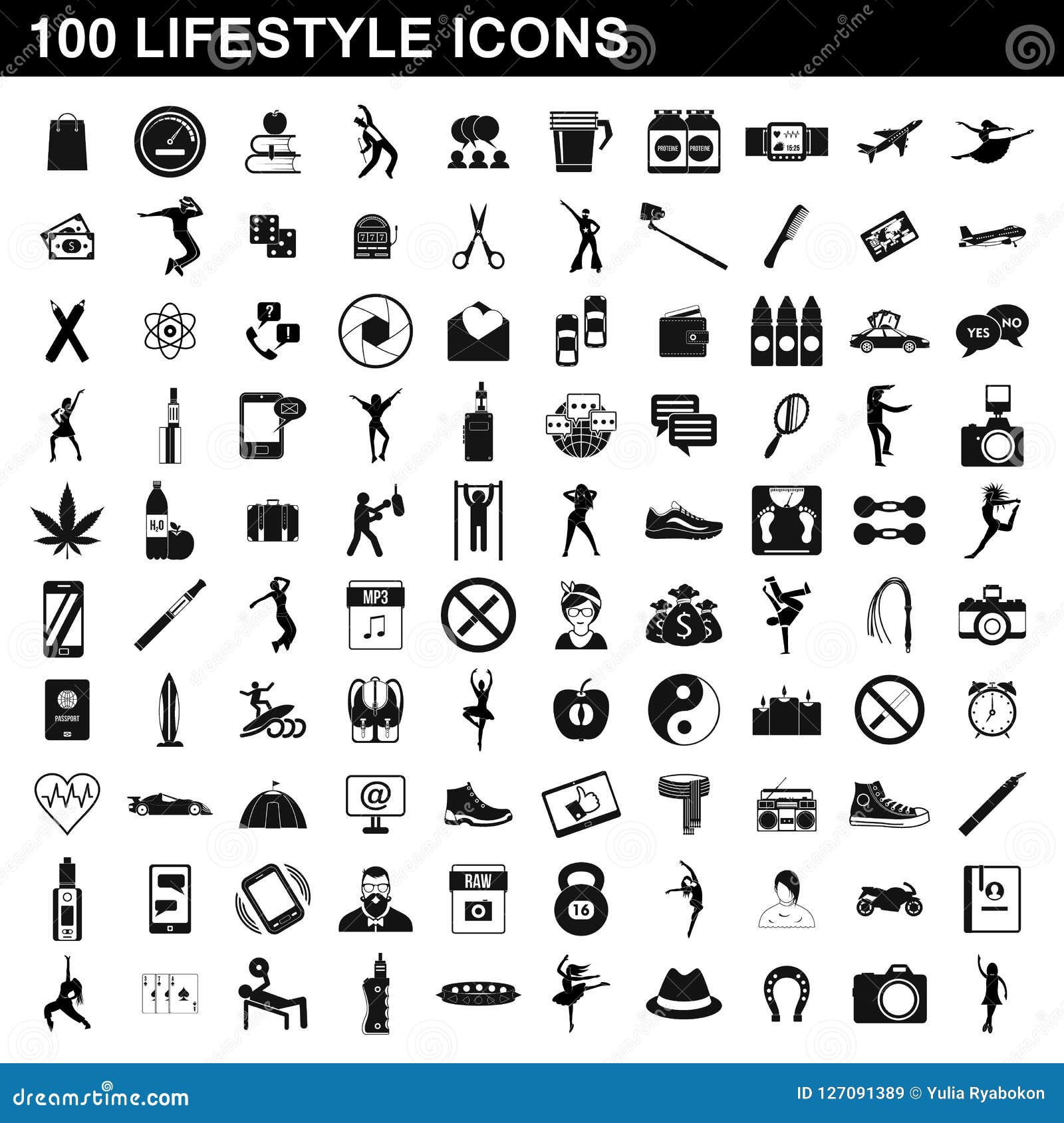 100 ícones Ajustados Estilo Simples Do Estilo De Vida Ilustração Stock
