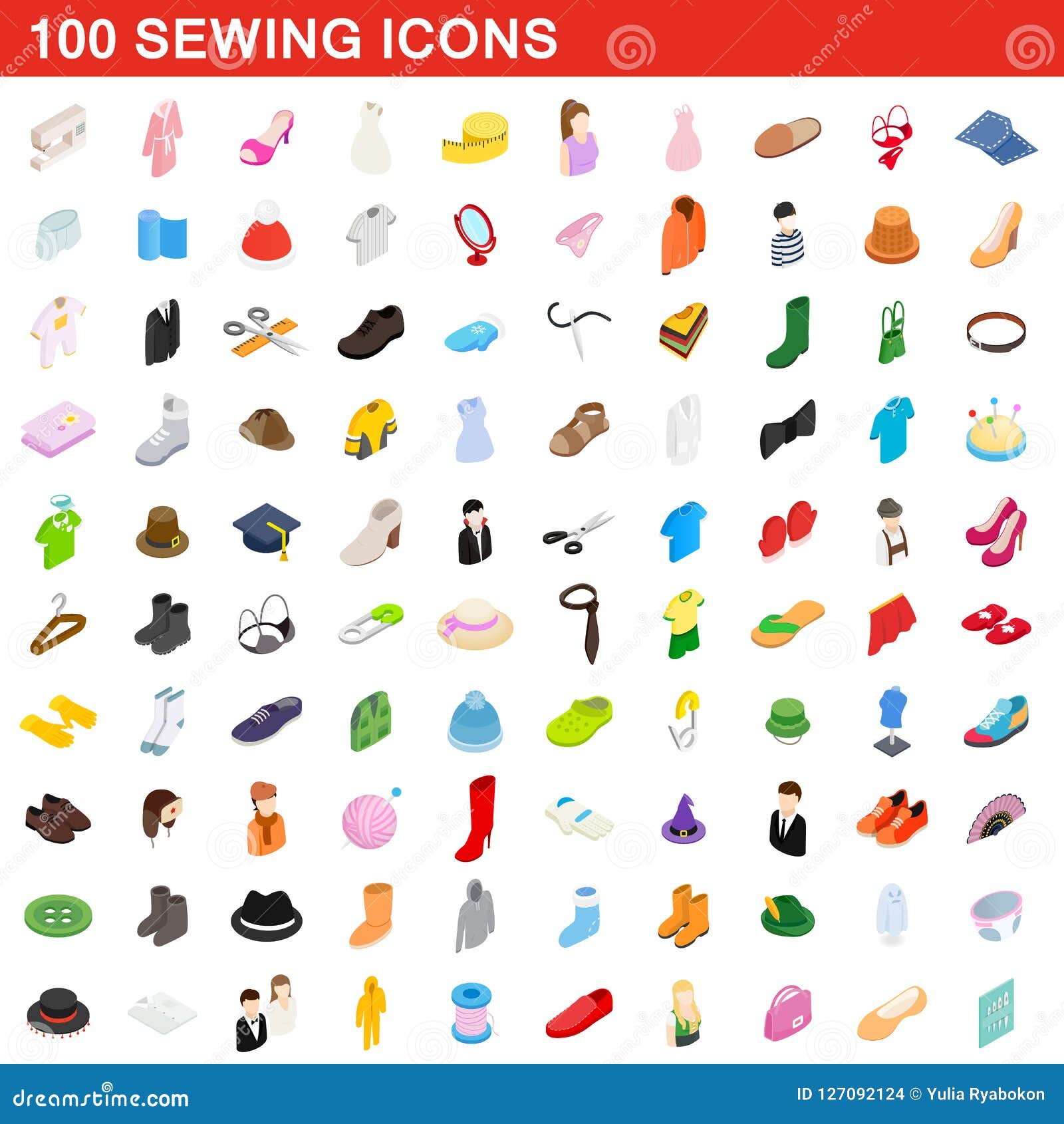 100 ícones Costurando Ajustados Estilo 3d Isométrico Ilustração Stock