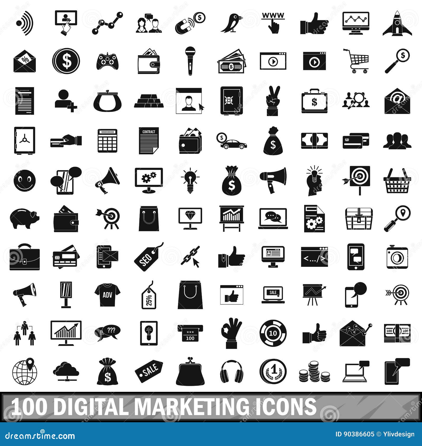 100 ícones Digitais Ajustados Estilo Simples Do Mercado Ilustração Do