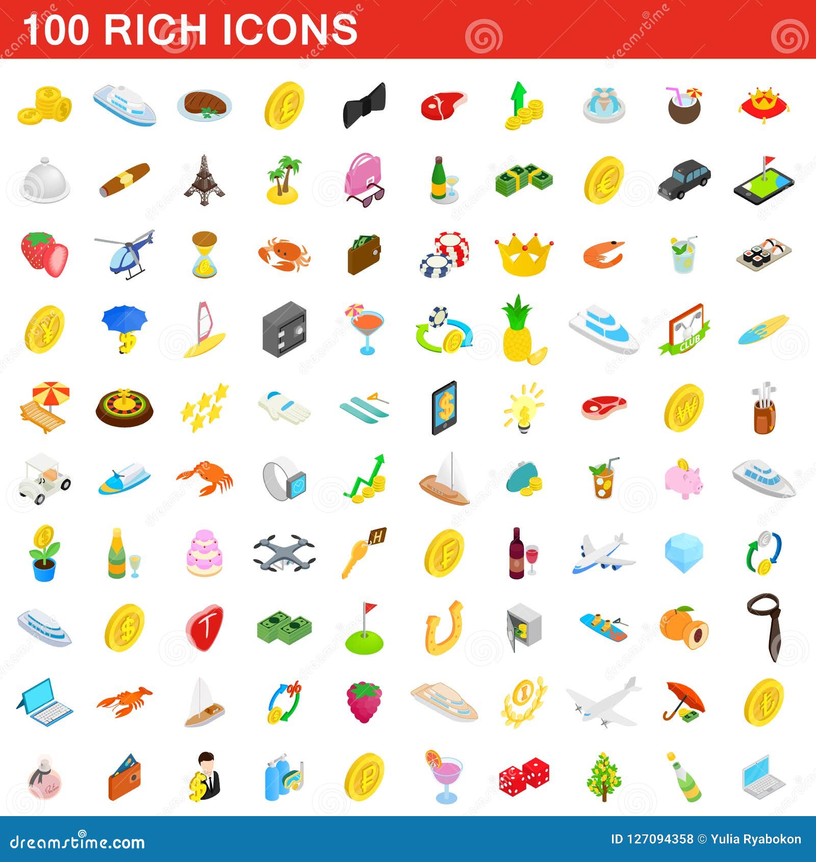 100 ícones Ricos Ajustados Estilo 3d Isométrico Ilustração Stock