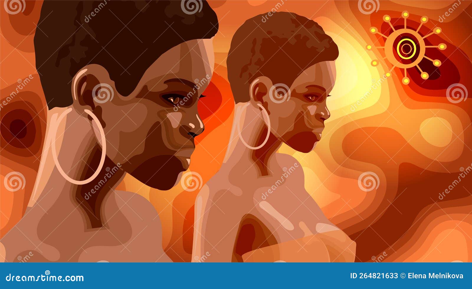 Beautiful Dark Skinned Girl On The Background Of African Sunrise Stock