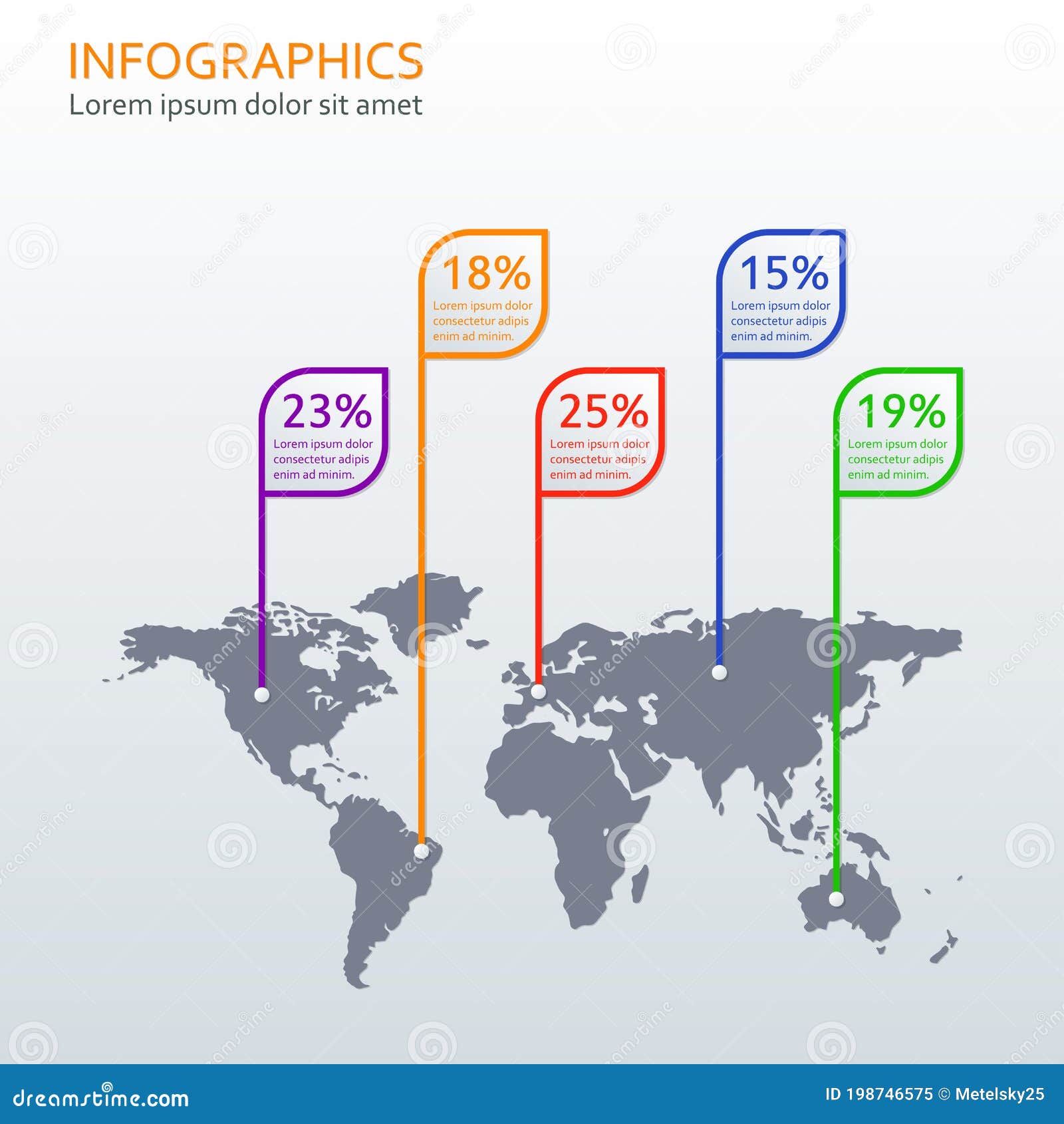 World Map Infographics Template with Step by Step Percent Pointers. Information and Infographics ...