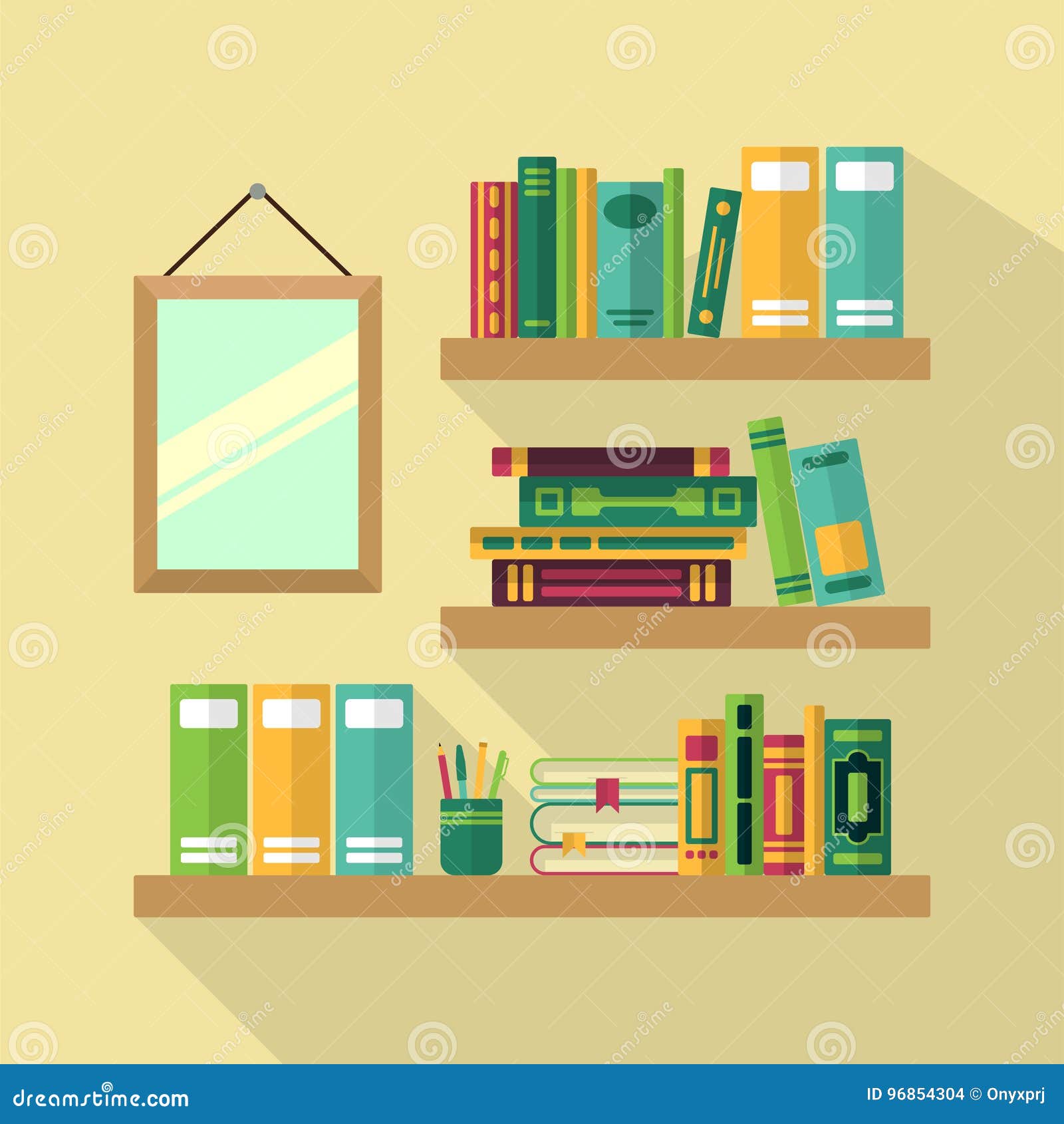 Деревянные книжные полки в библиотеке с различными книгами вектор