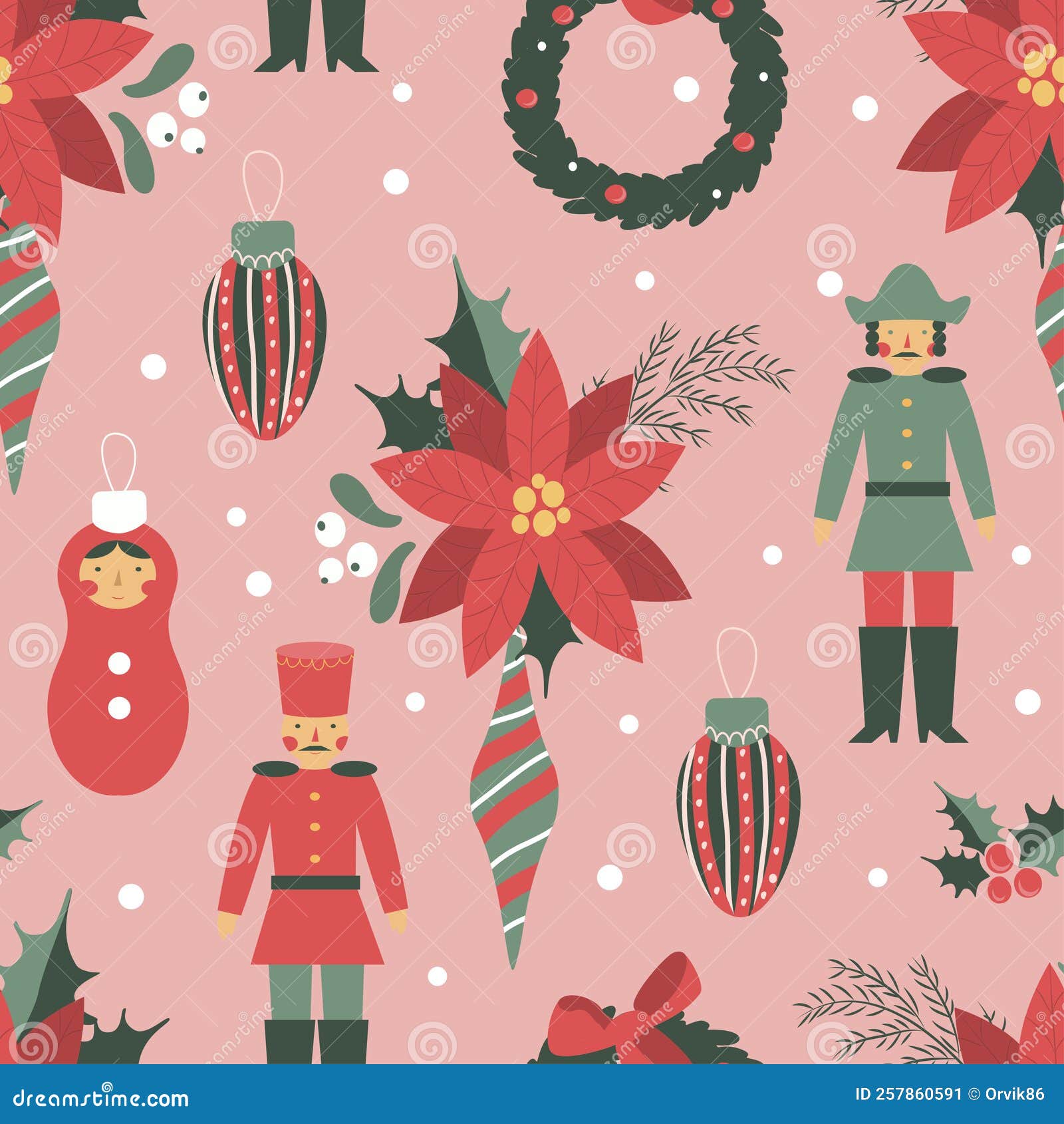 Seamless Christmas Pattern with Christmas Decorations, Holly Leaves, Xmas Flowers, Nutcrackers ...