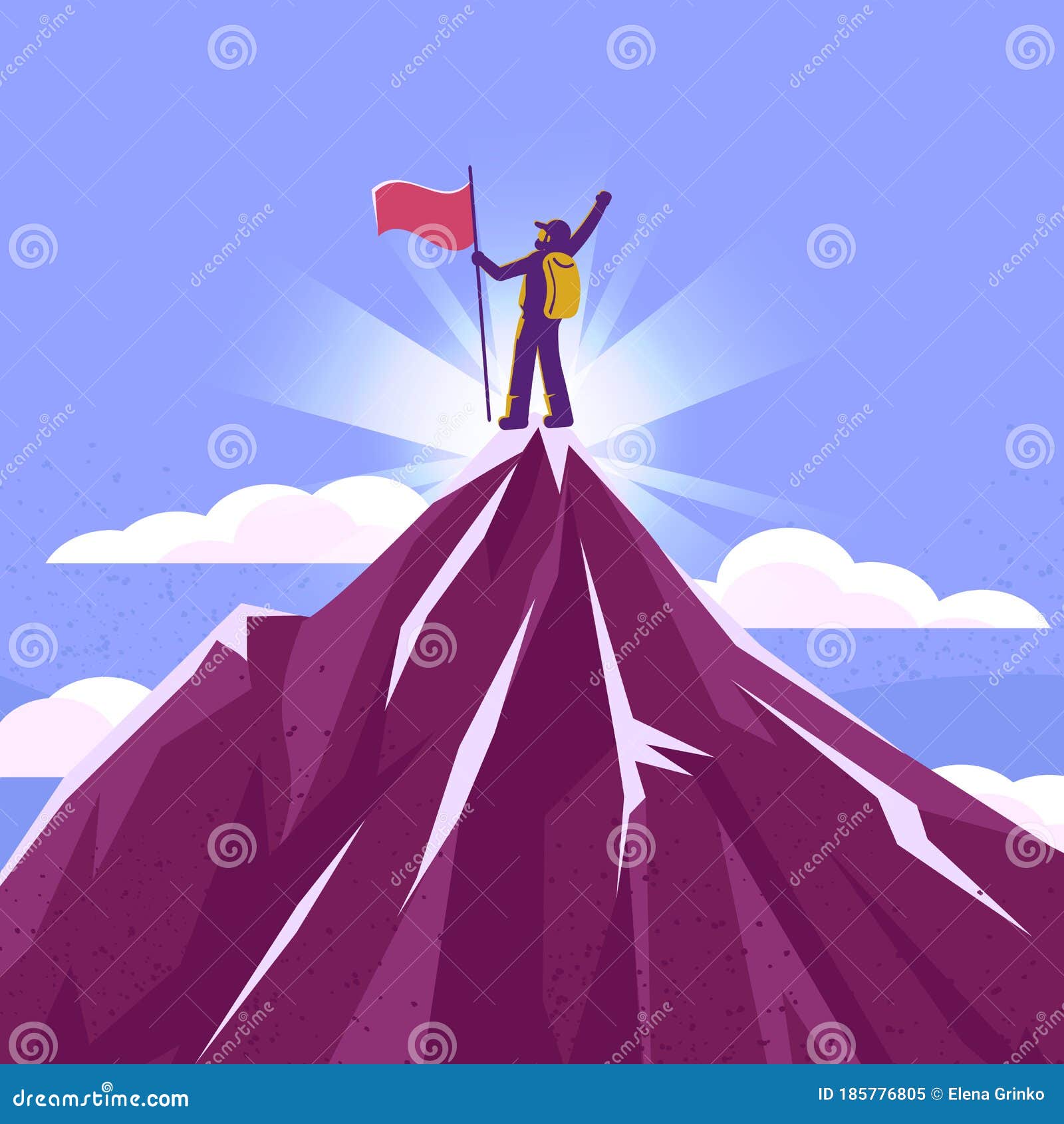 The Man Reached the Top of the Mountain. Mountain Landscape Stock Vector - Illustration of ...