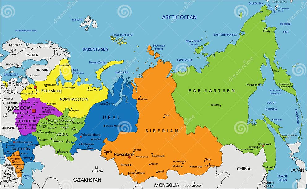 Красочная политическая карта России с назначенными четко разделенными