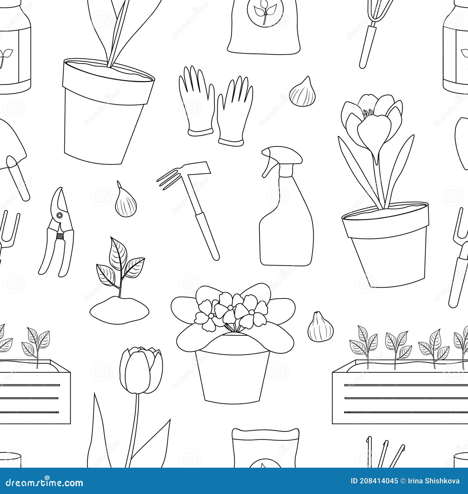 Seamless Pattern Gardening Elements Black and White Vector Illustration. Garden Tools. Stock ...