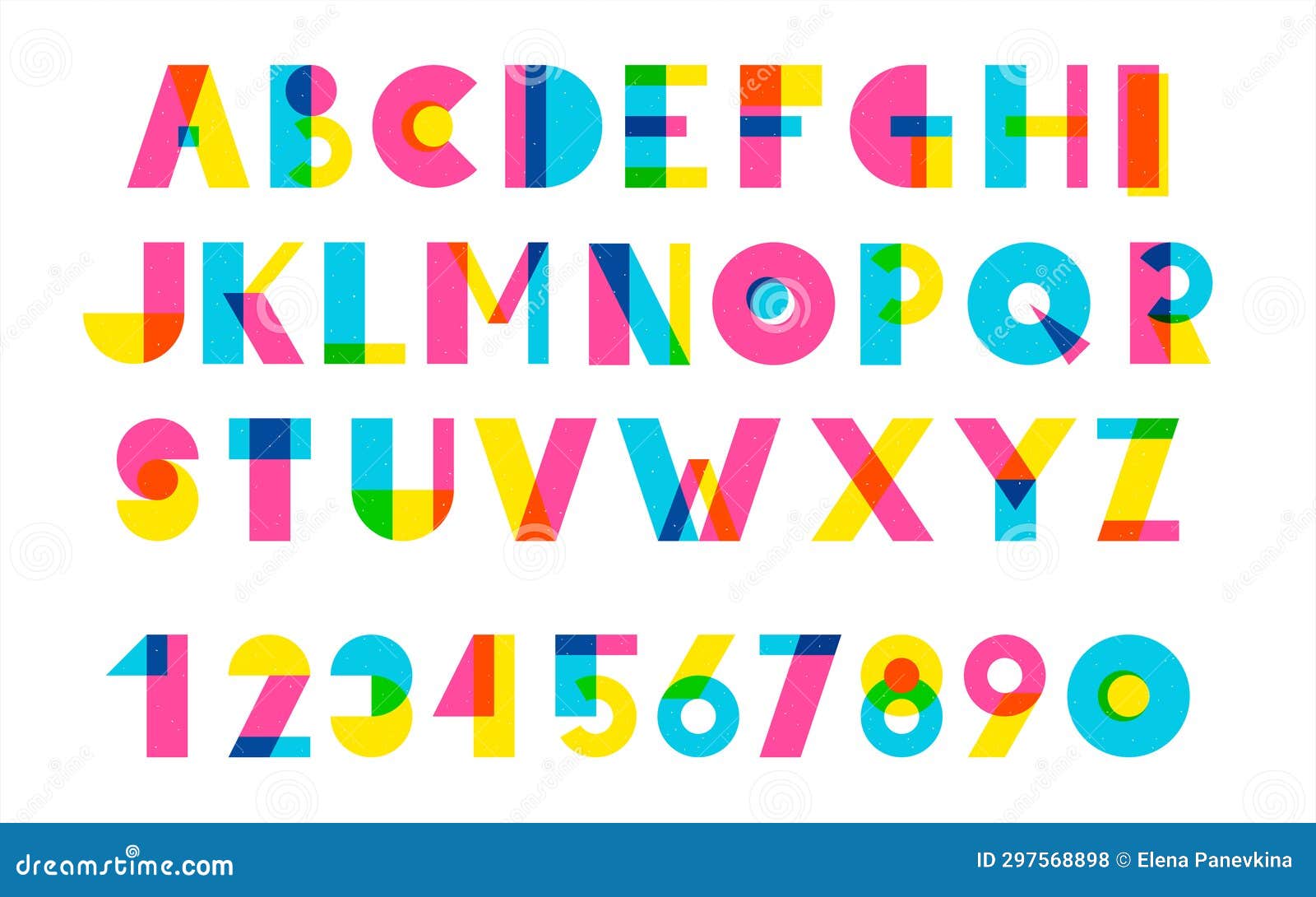 Alphabet, Numbers Illustration, Brutalist Geometric Font Style, Riso, Risograph Print Effect ...