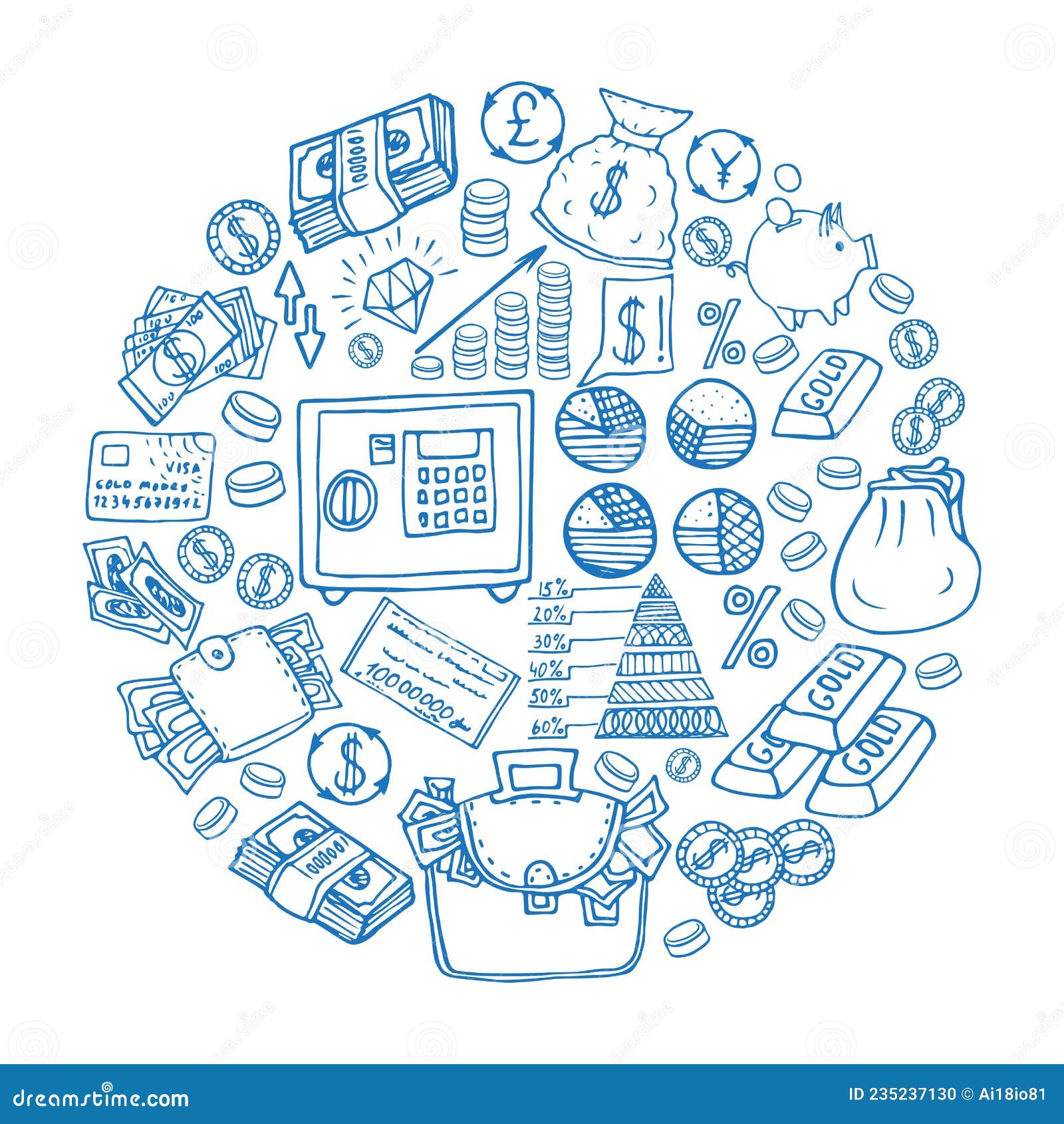 Hand Drawn Finance Isolated Objects Shaped in Circle. Stock Vector - Illustration of drawn, coin ...