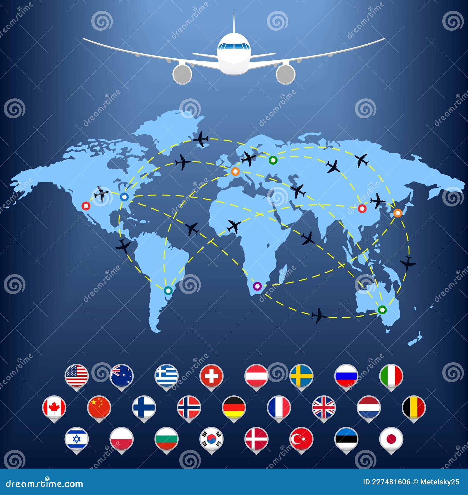 Plane Routes Over World Map With Markers Or Map Pointers Travel By