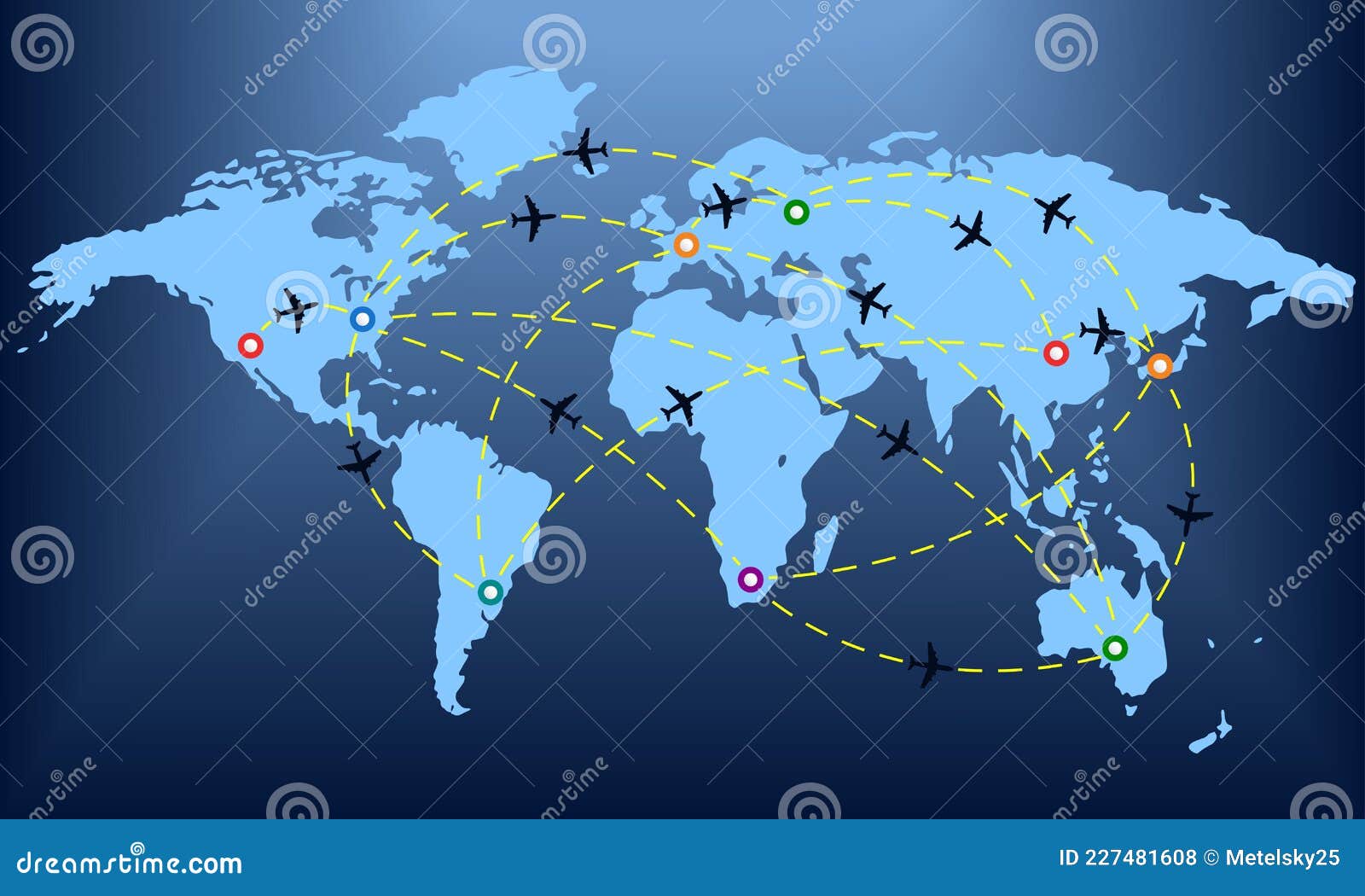 Plane Routes Over World Map With Markers Or Map Pointers Travel By