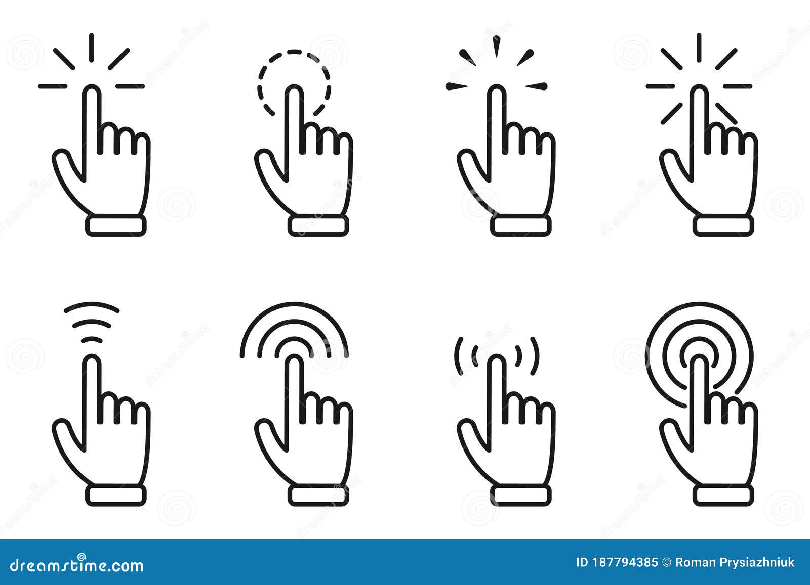 Pointer Hand Click Icon Set. Website Clicking Cursor, Finger Arrows with Click Effect. Web ...