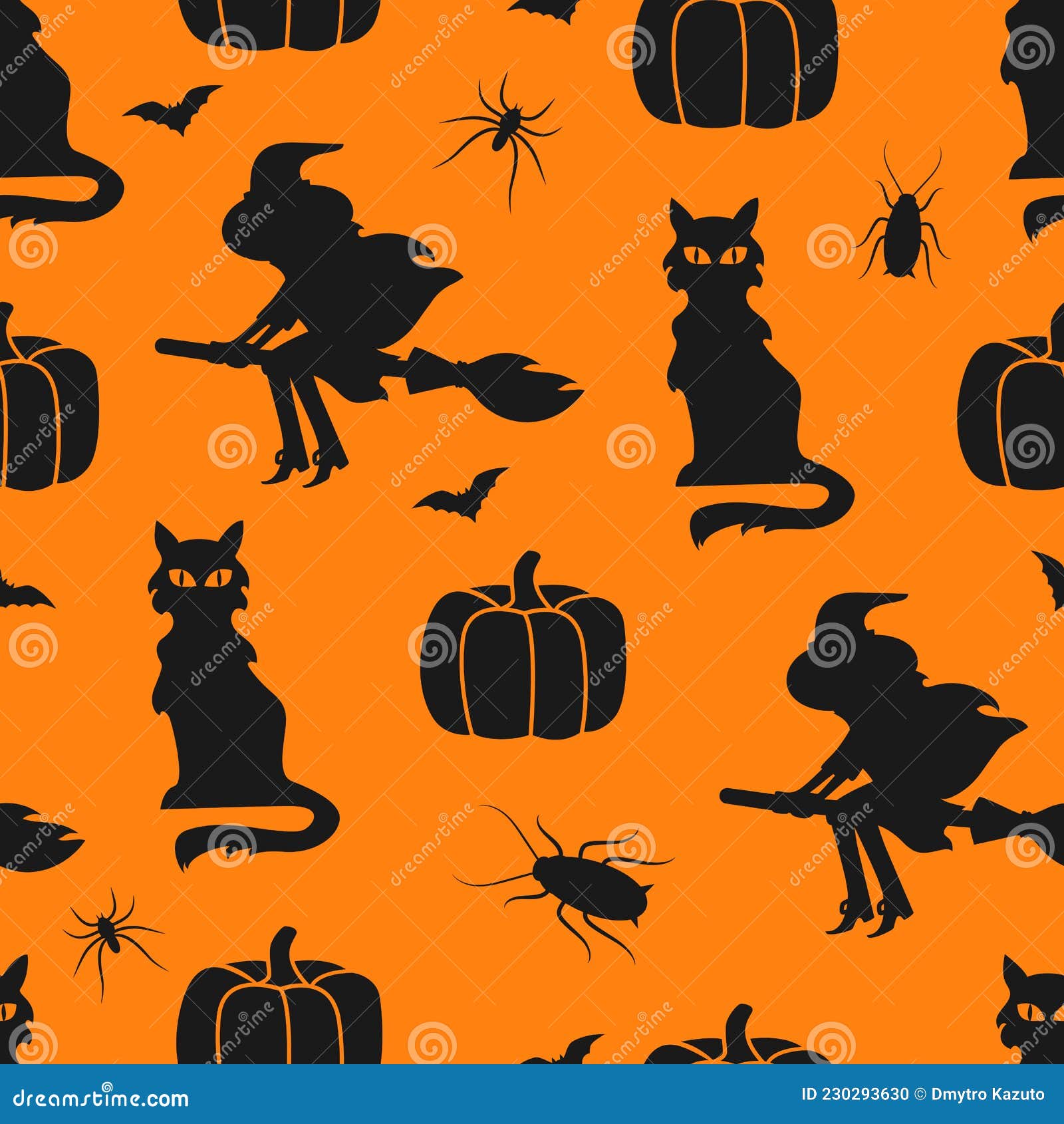Halloween Seamless Pattern. Vector Pattern of Different Festive Elements: Pumpkin, Witch, Black ...