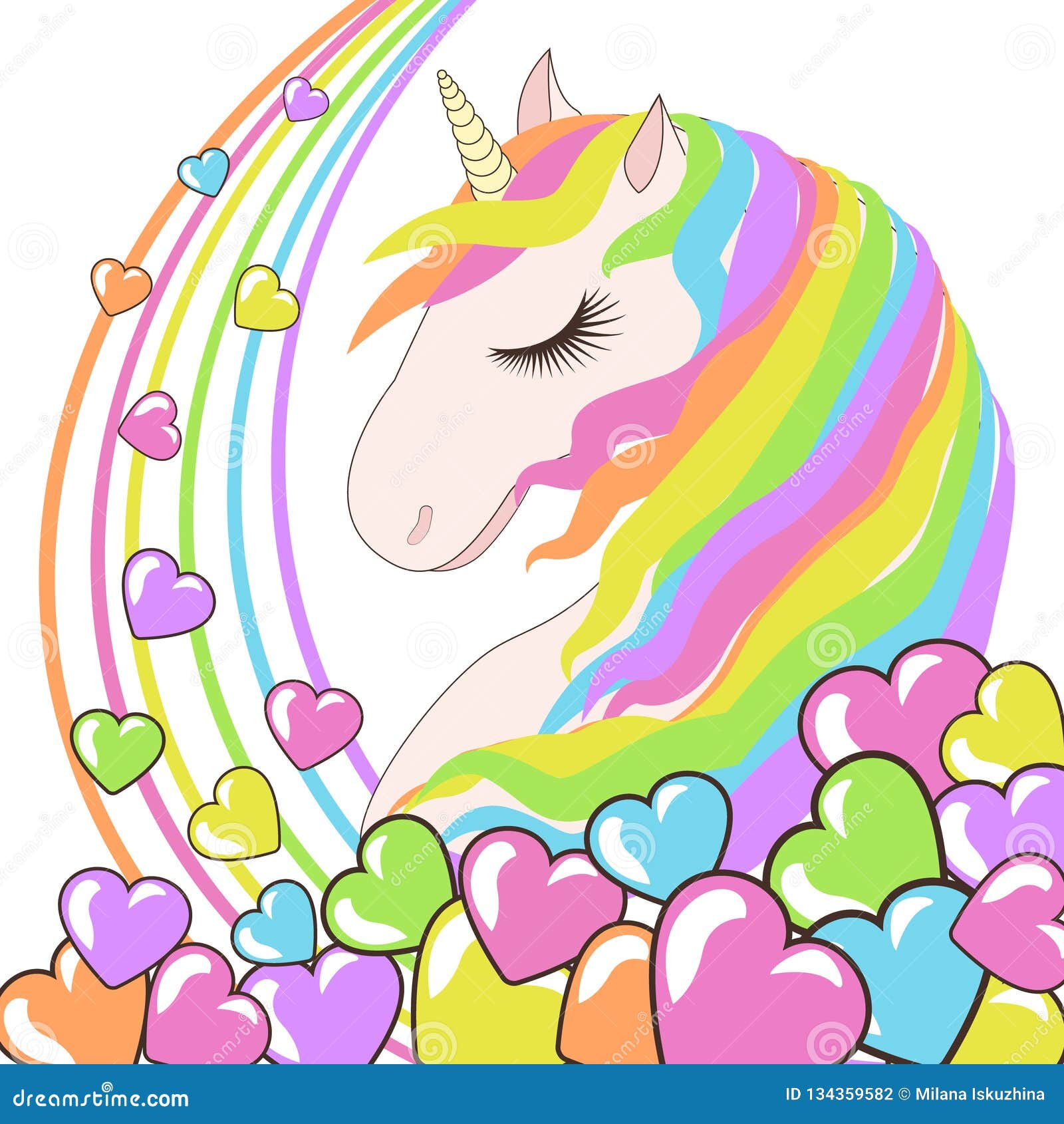 与彩虹头发的白色独角兽和心脏孩子的传染媒介例证设计 向量例证. 插画 包括有 梦想, 垫铁, 少女, 女孩 - 134359582