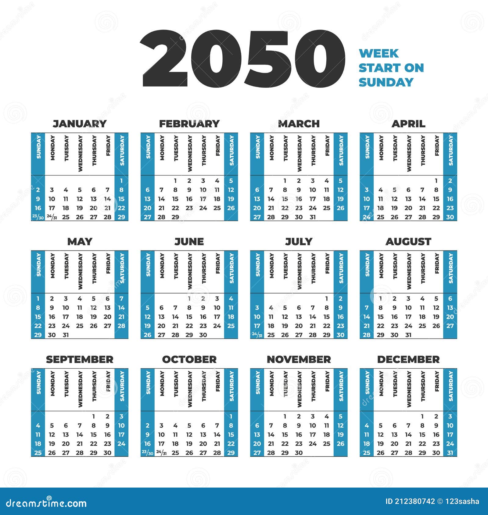 周日，2050年日历模板与几周开始 向量例证. 插画 包括有 计划程序, 月份, 平面, 商业, 日志 - 212380742