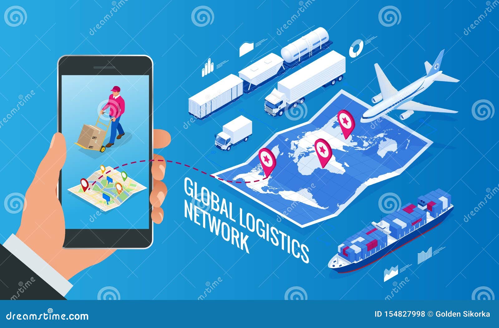 Web Template Banner Global Logistics Network Flat Isometric Illustration of Air Cargo Trucking ...